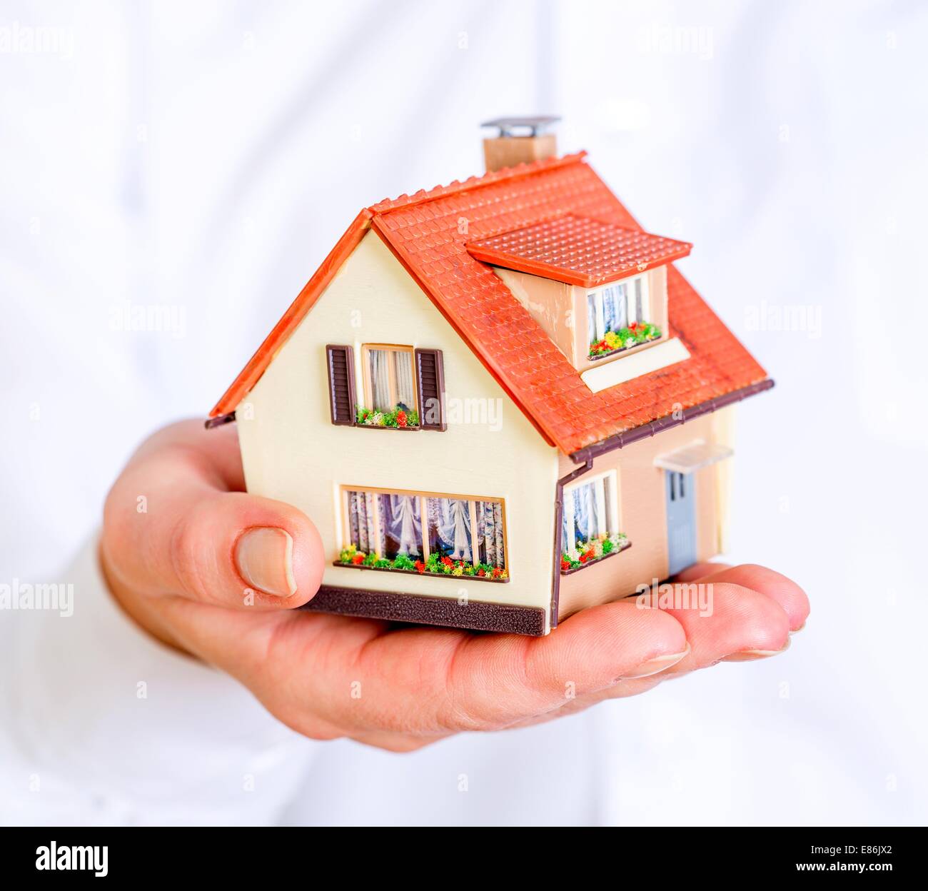 house in human hands on a white background Stock Photo - Alamy