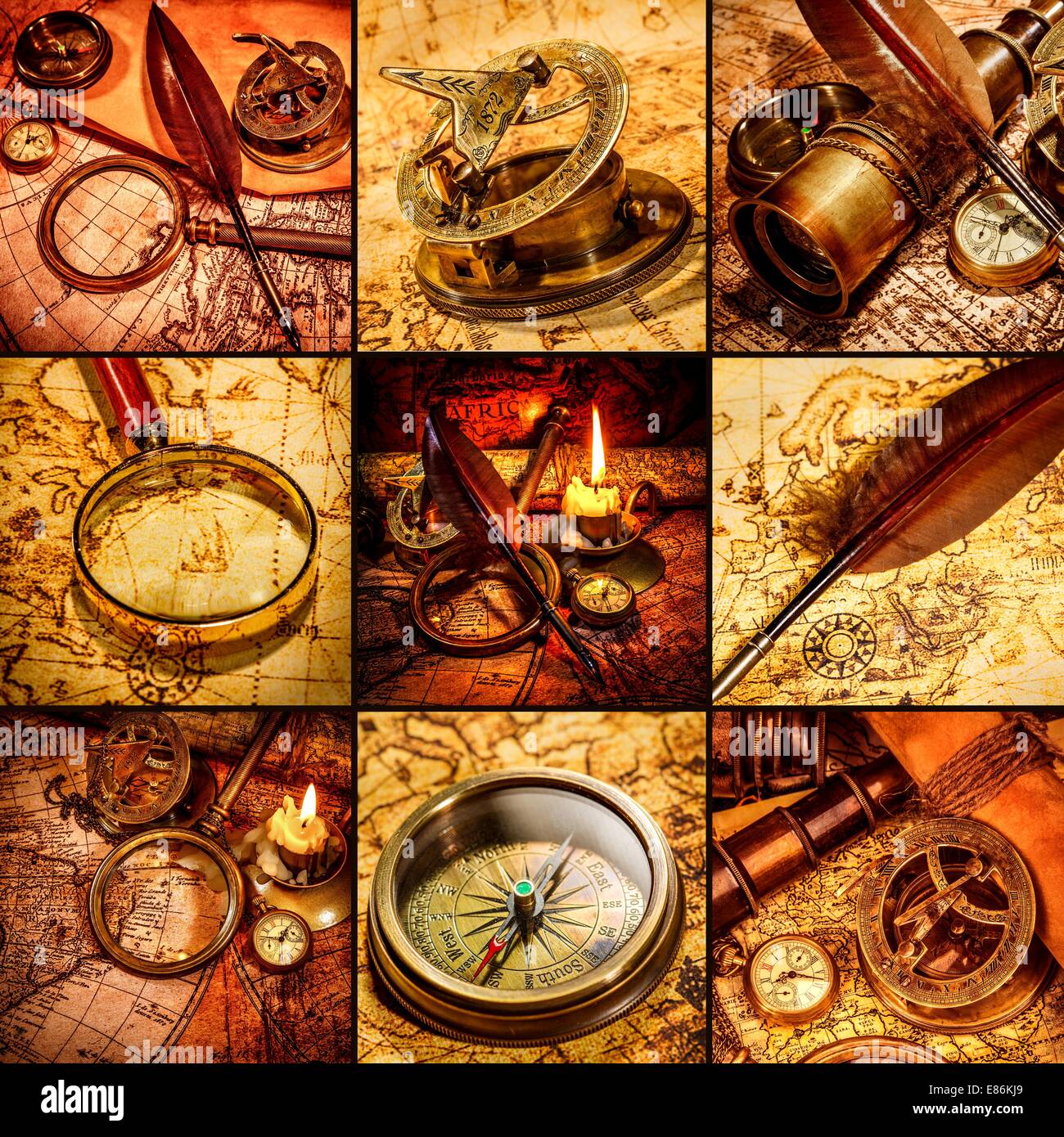 Vintage compass, magnifying glass, pocket watch, quill pen, spyglass ...