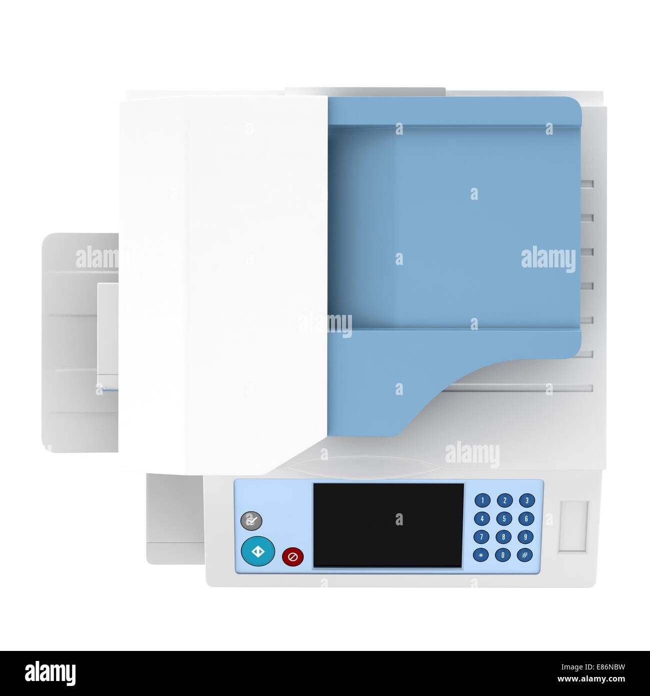 top view of modern office multifunction printer isolated on white ...