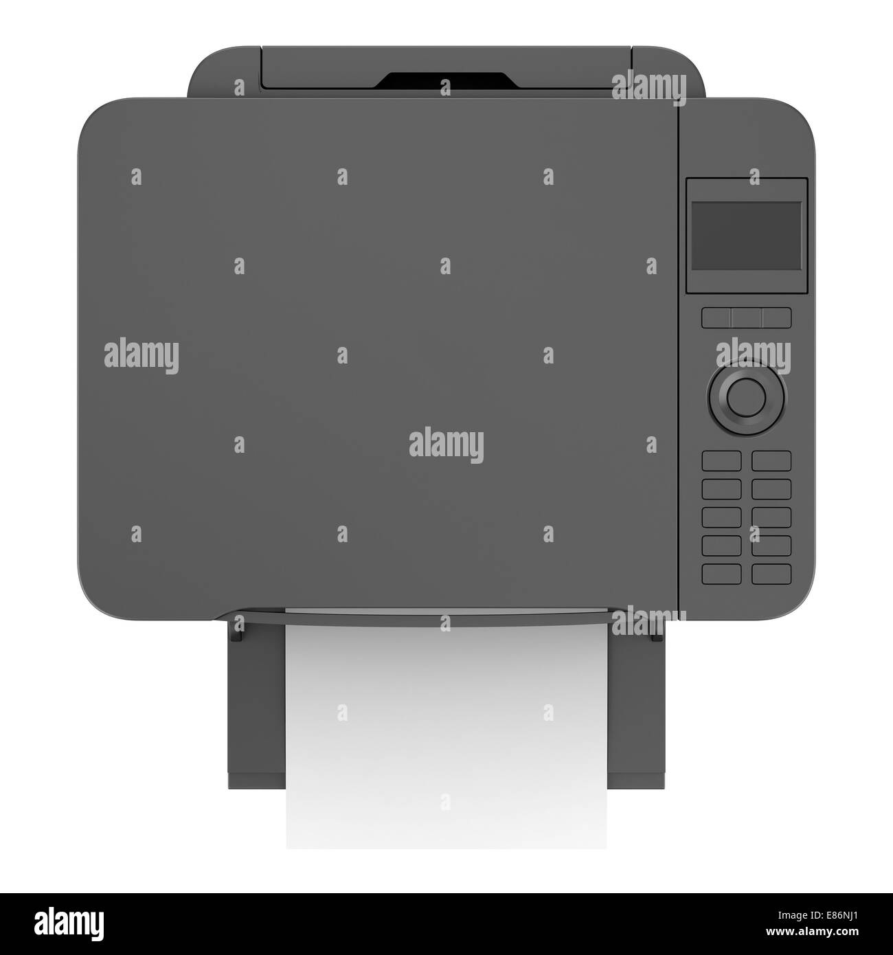 top view of modern black office multifunction printer isolated on white ...