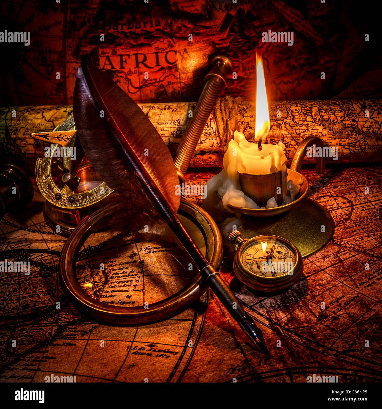 Vintage compass, magnifying glass, pocket watch, quill pen, spyglass ...