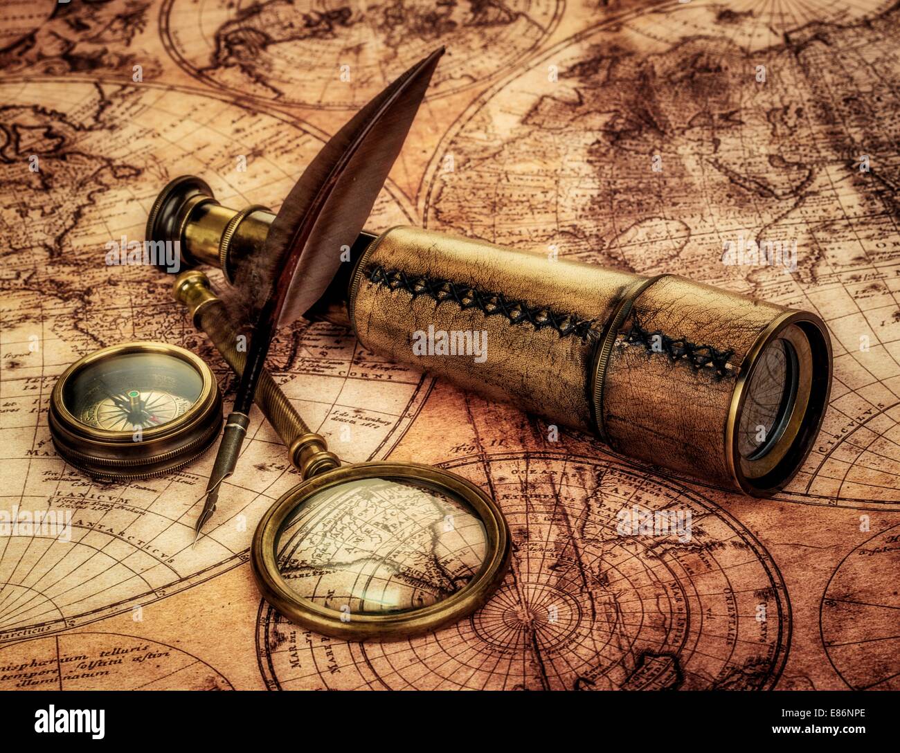 Vintage compass goose quill pen hi-res stock photography and images - Alamy