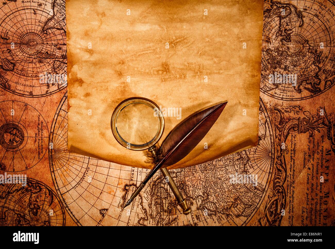 Blank old paper with curled edge against the background of an ancient ...