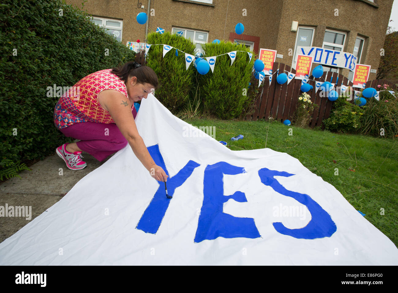 house covered in pro-independence Yes signs, and neighbour's house ...