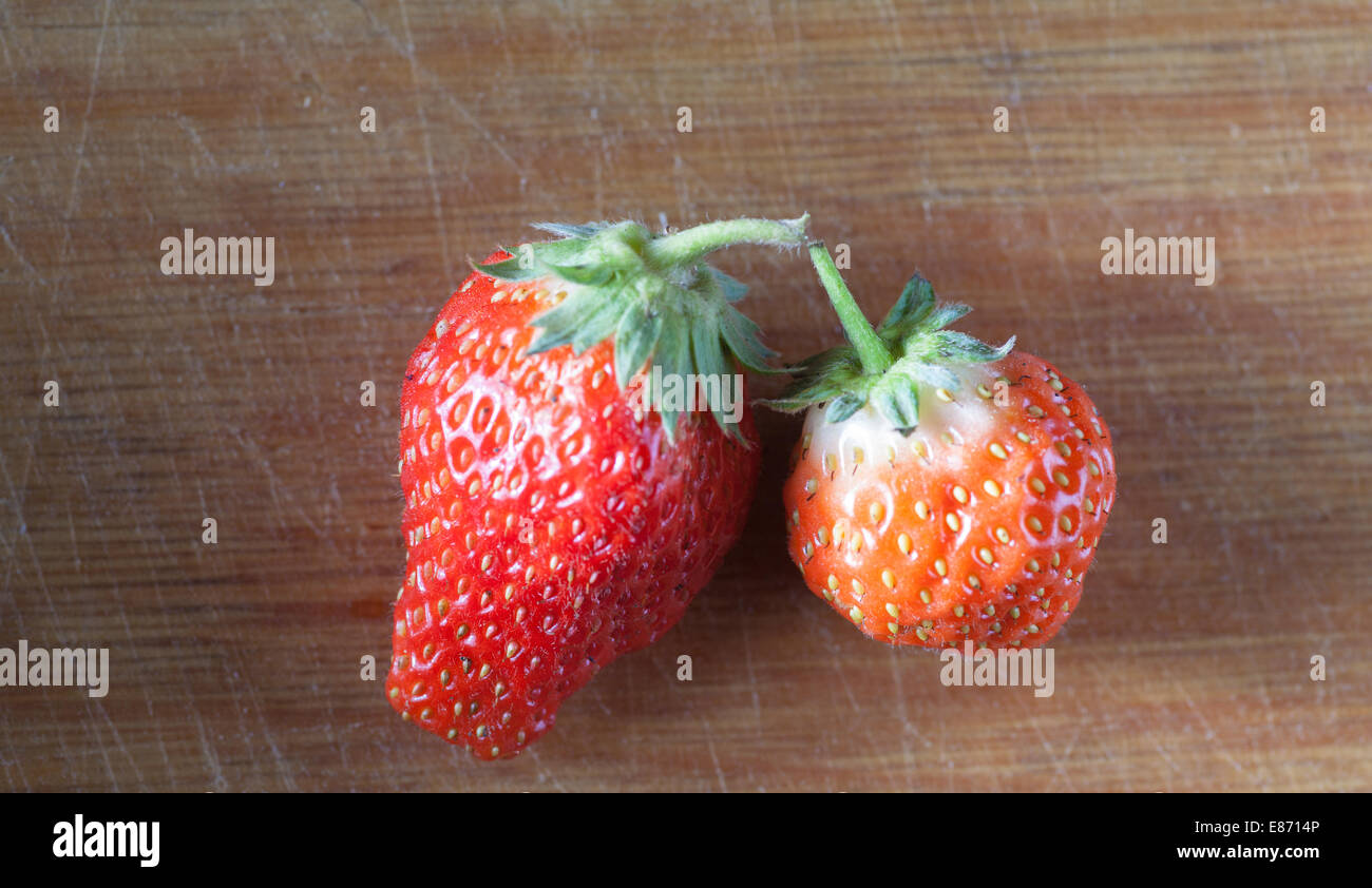 two strawberryes on the wooden plank, horizontal shot, orange and red ...