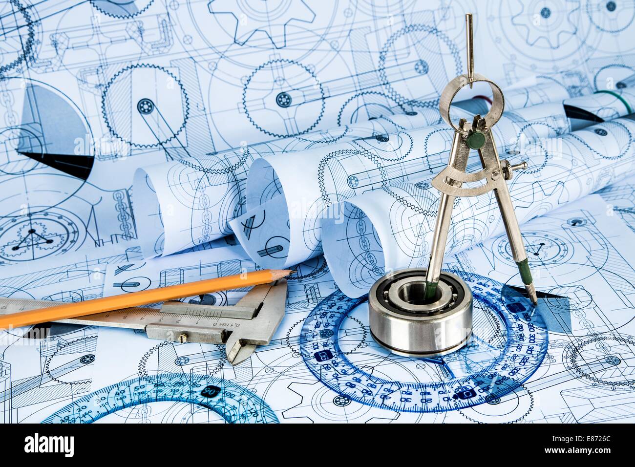 Technical drawings with the bearing in a blue toning Stock Photo - Alamy