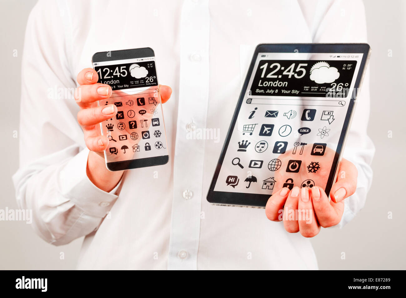 Smartphone (phablet) and tablet with a transparent display in human ...