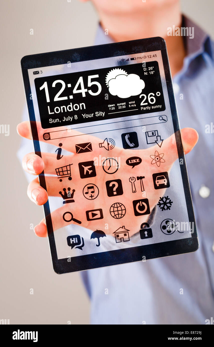 Tablet with a transparent display in human hands. Concept actual future ...