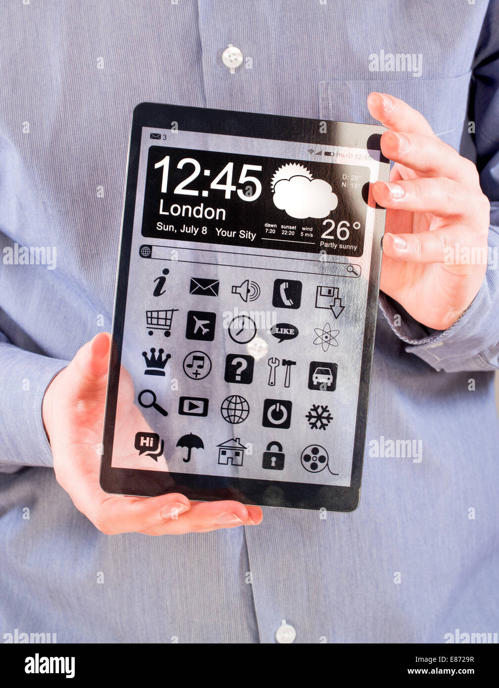 Tablet with a transparent display in human hands. Concept actual future ...