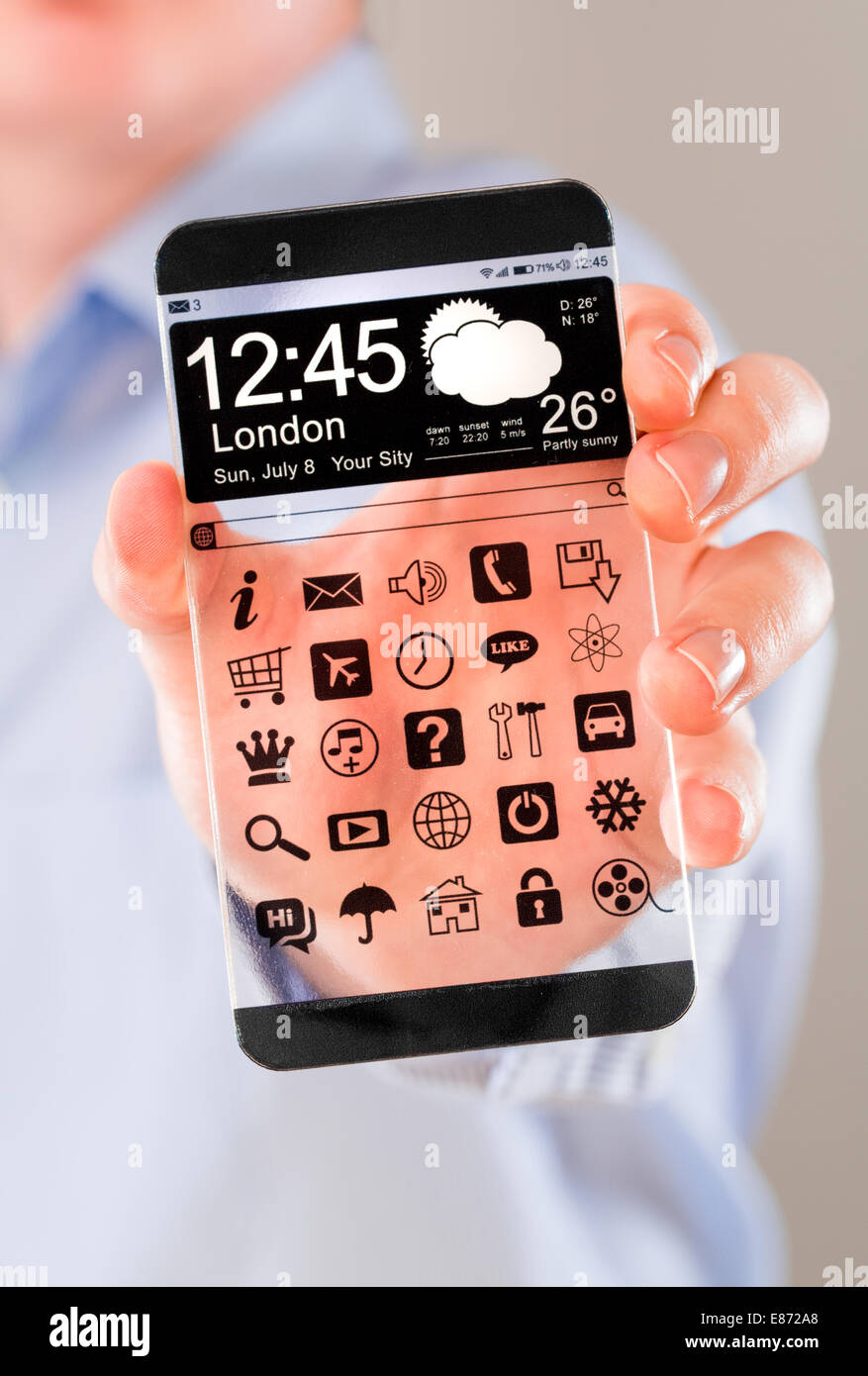 Smartphone (phablet) with a transparent display in human hands. Concept ...