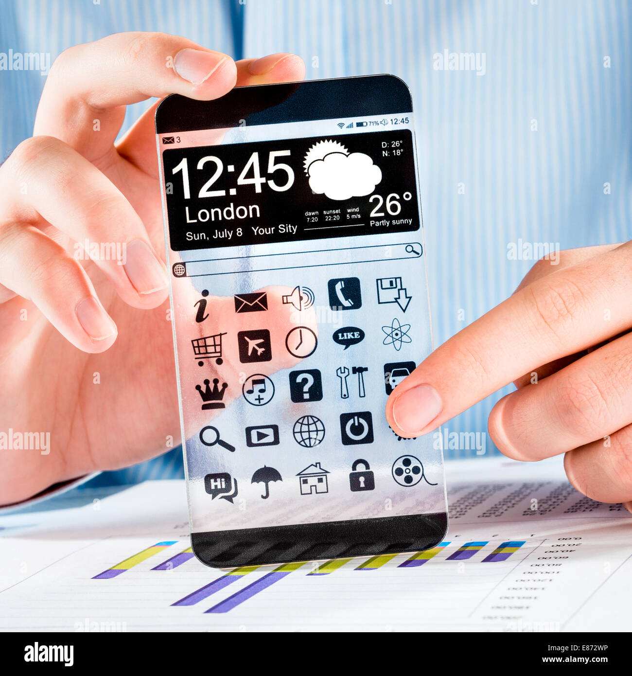 Smartphone (phablet) with a transparent display in human hands. Concept ...