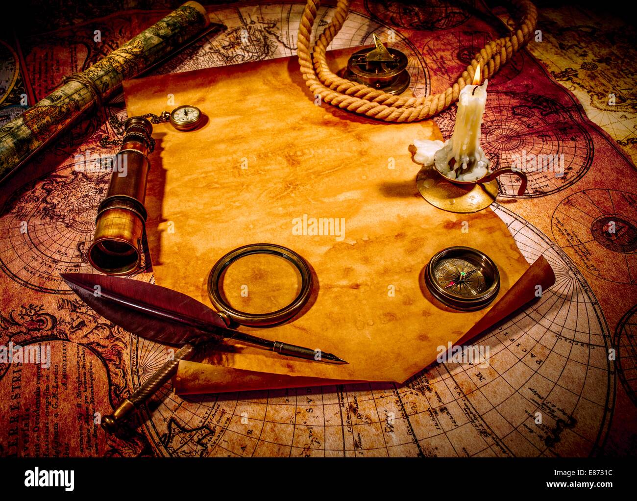 Vintage compass, magnifying glass, pocket watch, quill pen, spyglass ...