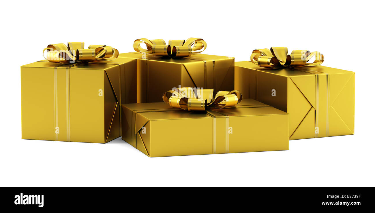 yellow gift boxes with golden ribbons isolated on white background ...