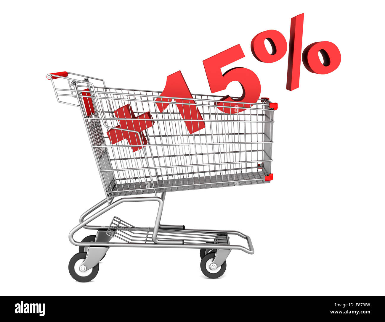 shopping cart with plus 15 percent sign isolated on white background ...