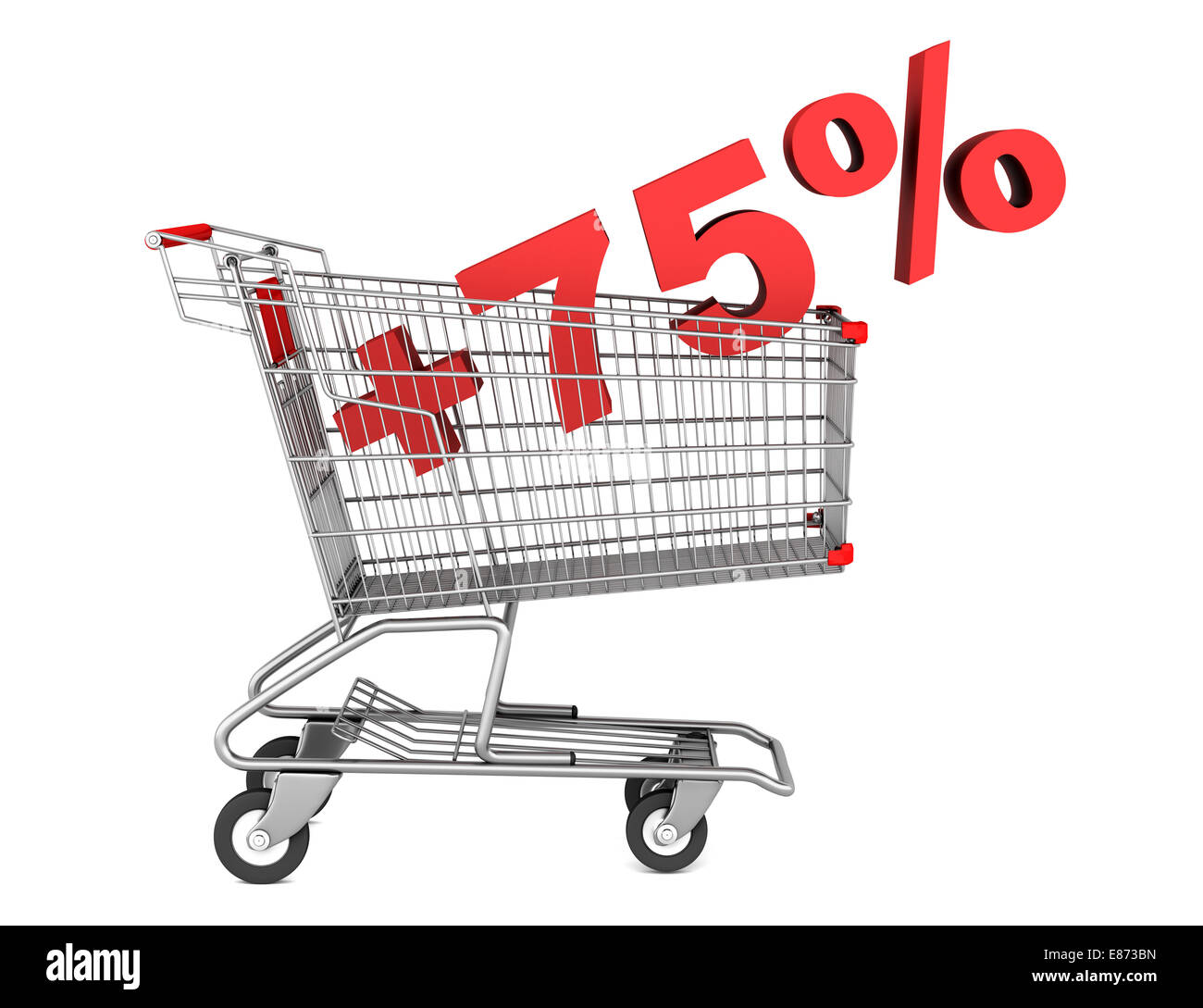 shopping cart with plus 75 percent sign isolated on white background ...