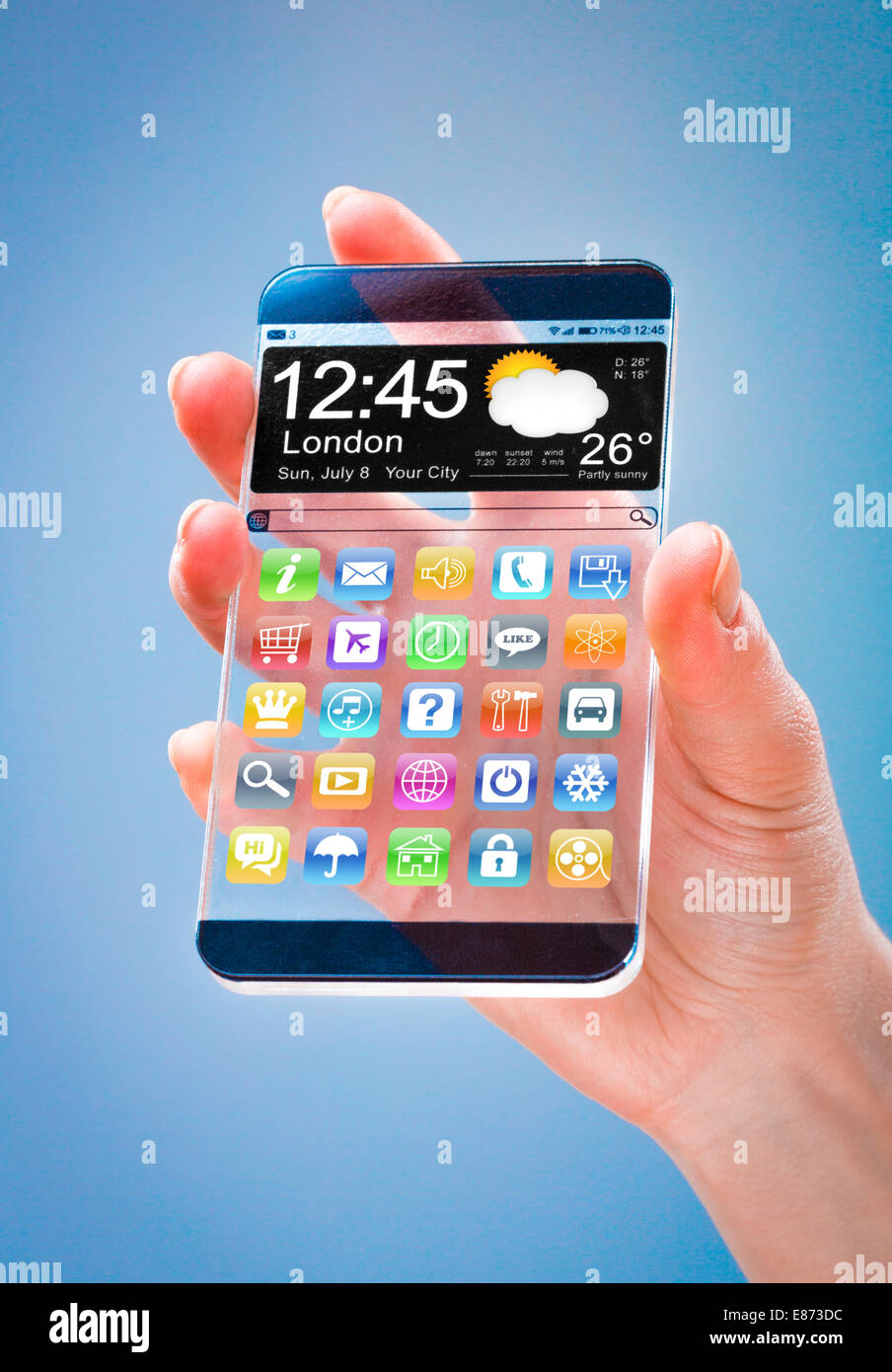 Smartphone (phablet) with a transparent display on a blue background ...