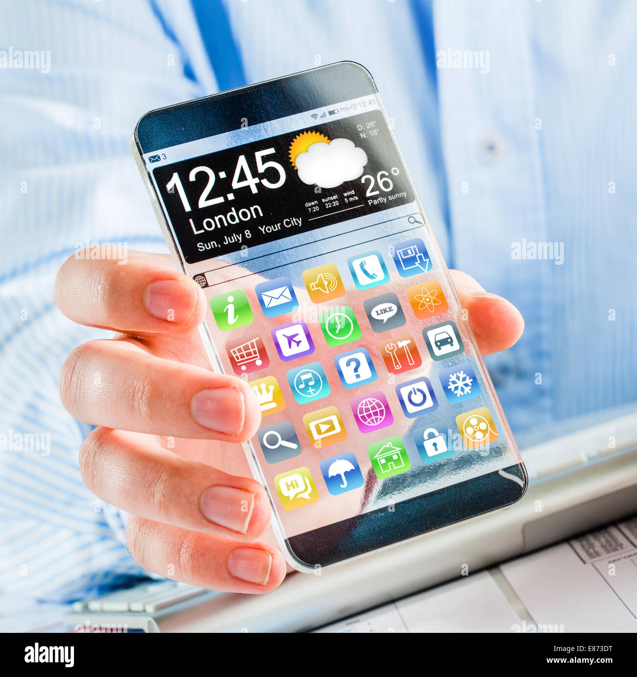Smartphone (phablet) with a transparent display in human hands. Concept ...