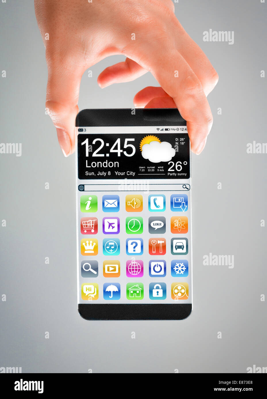 Futuristic Smart phone (phablet) with a transparent display in human ...
