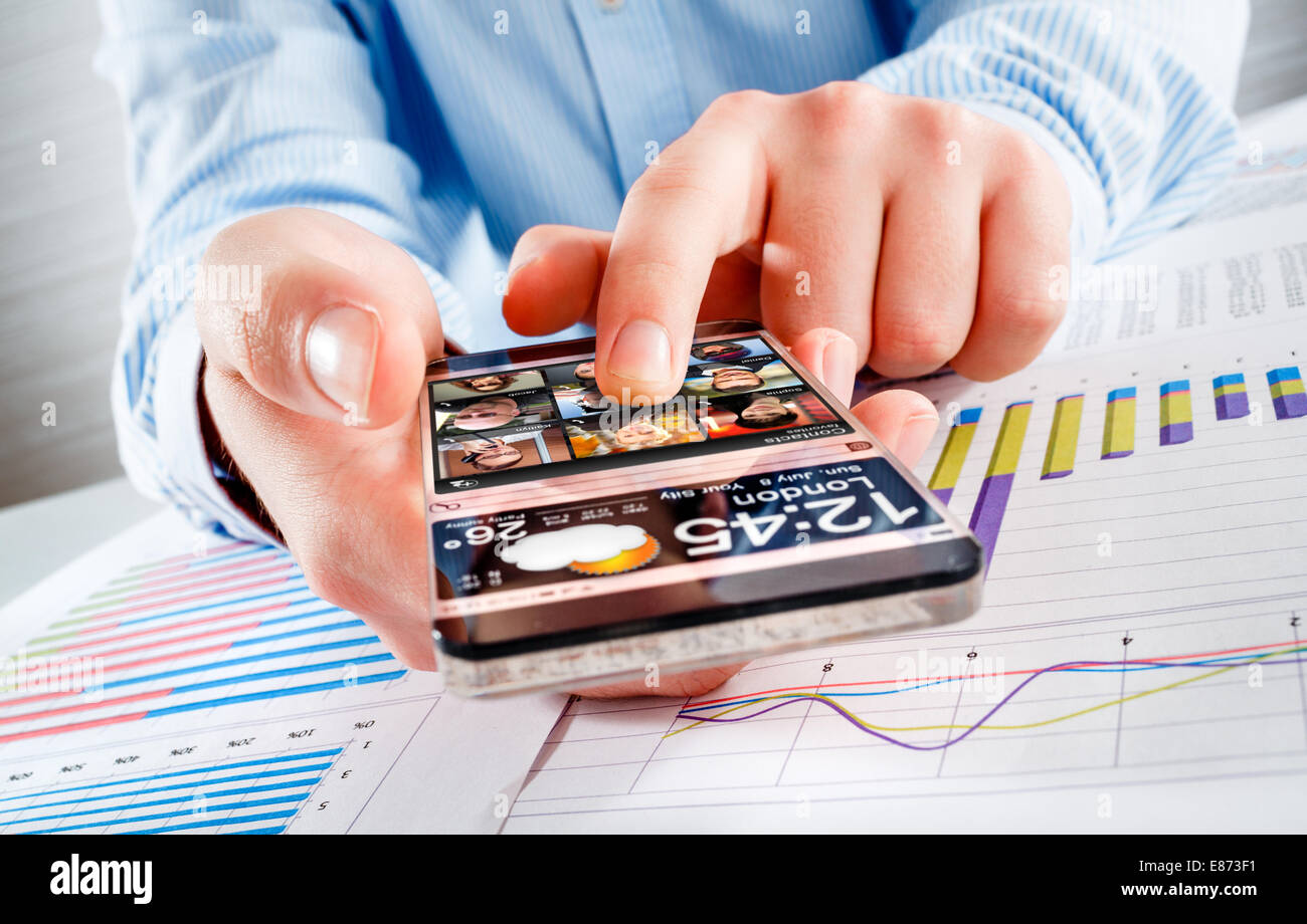 Futuristic Smart phone (phablet) with a transparent display in human ...