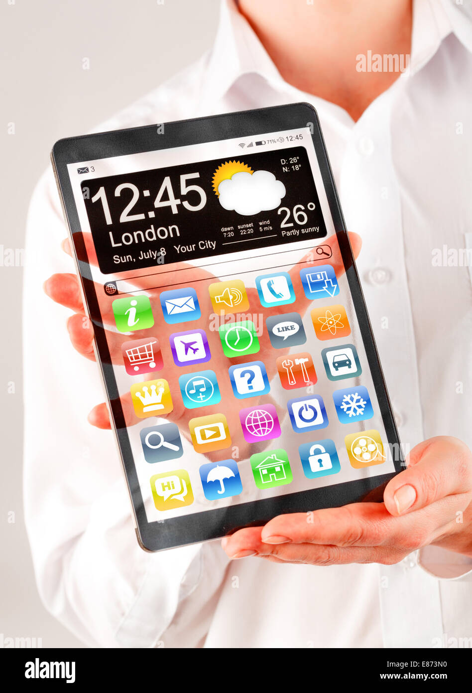 Tablet with a transparent display in human hands. Concept actual future ...