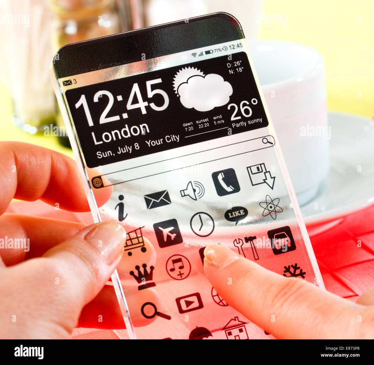 Smart phone (phablet) with a transparent display in human hands ...
