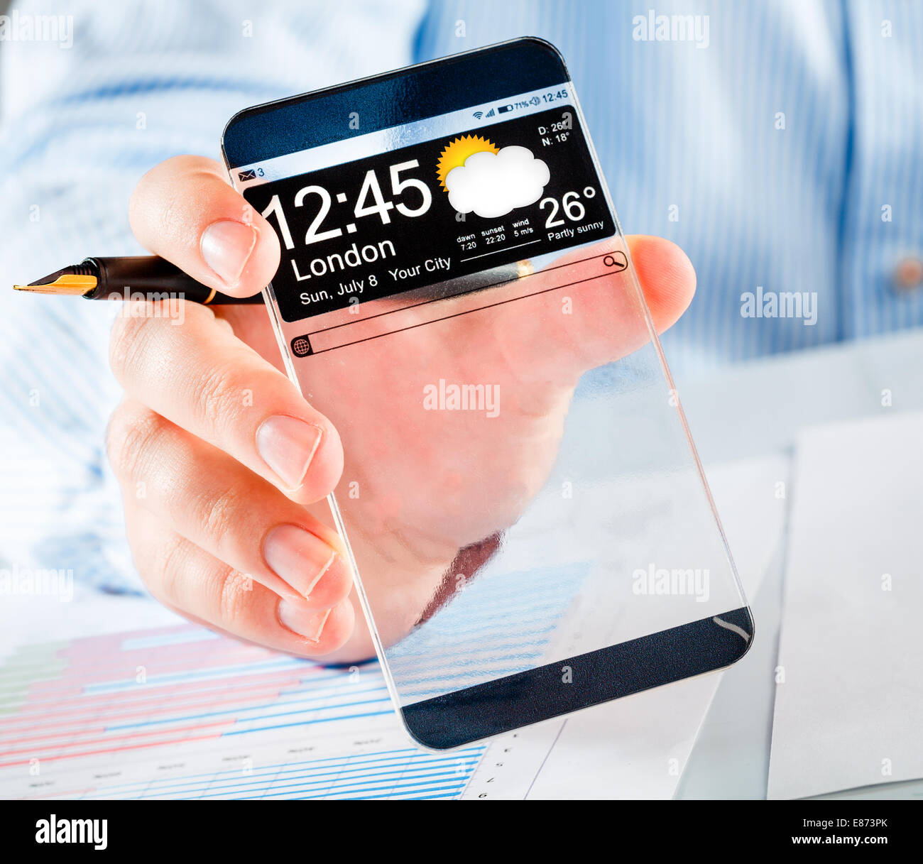 Smart phone (phablet) with a transparent display in human hands ...