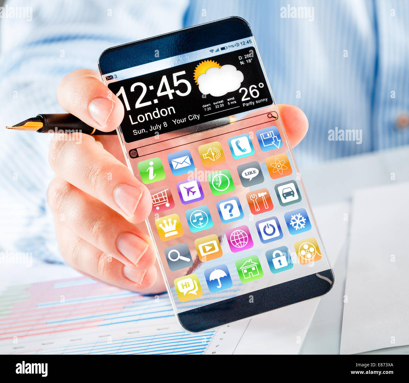 Smart phone (phablet) with a transparent display in human hands ...