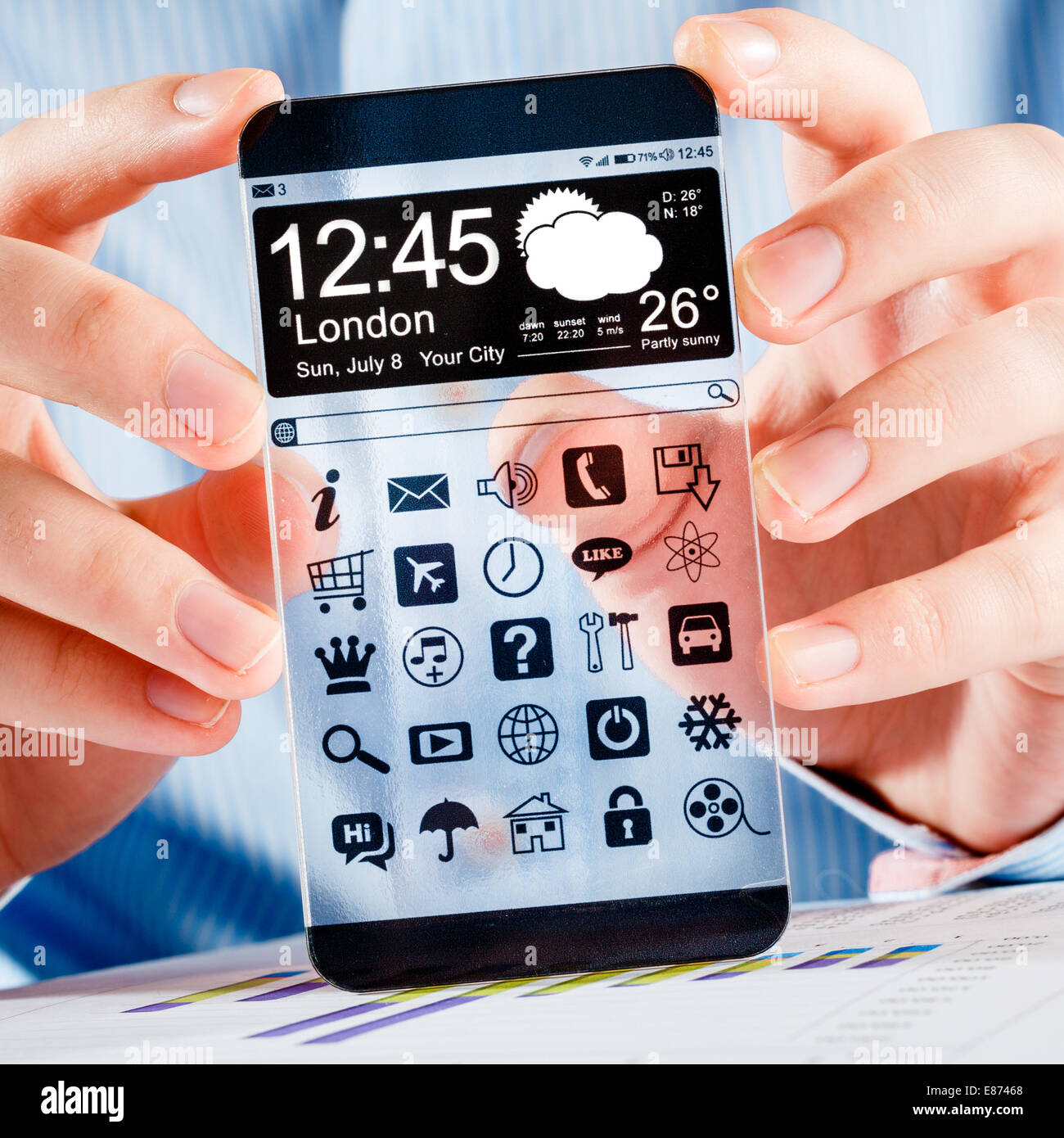 Futuristic Smart phone (phablet) with a transparent display in human ...