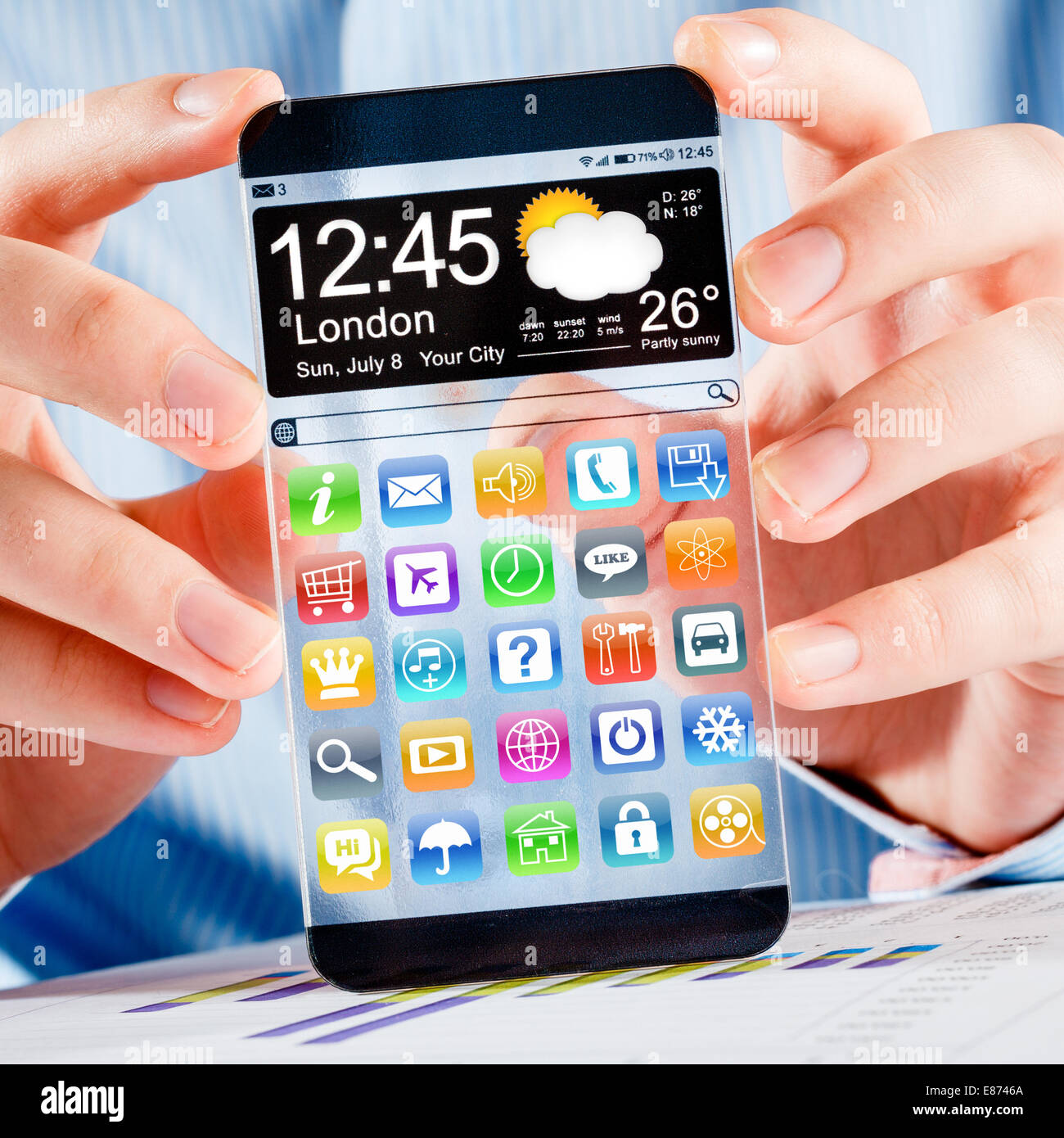 Futuristic Smart phone (phablet) with a transparent display in human ...
