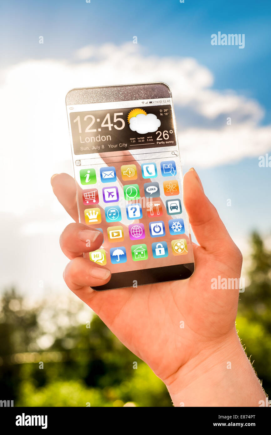 Futuristic Smart phone with a transparent display in human hands ...