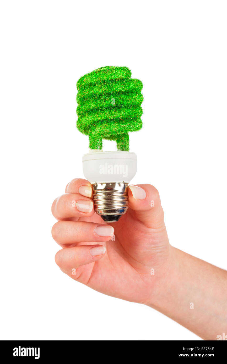 Eco light bulb in hand isolated on white background Stock Photo - Alamy