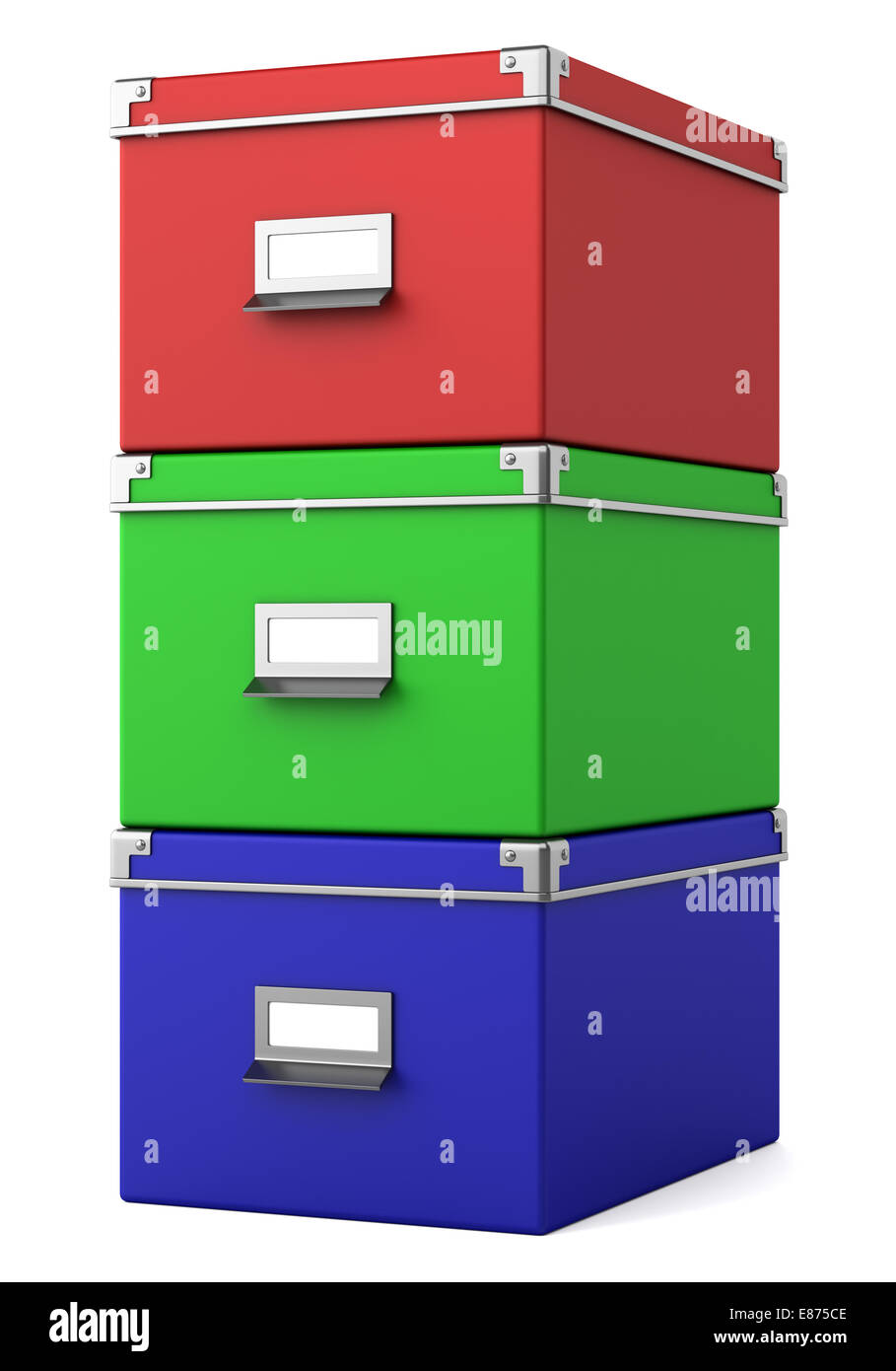 three color office cardboard boxes isolated on white background Stock ...