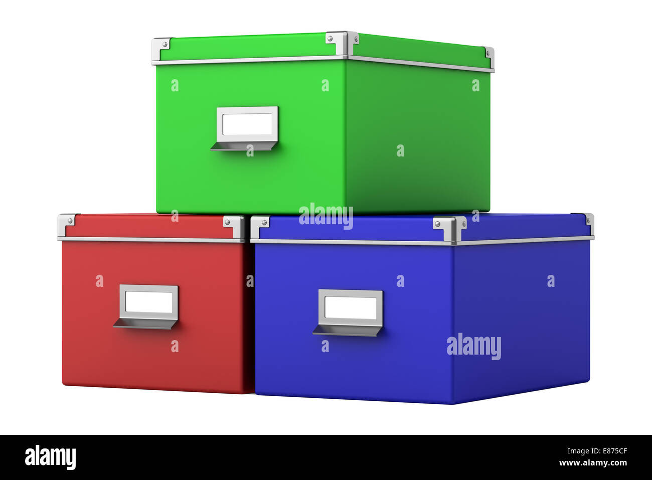 three color office cardboard boxes isolated on white background Stock ...