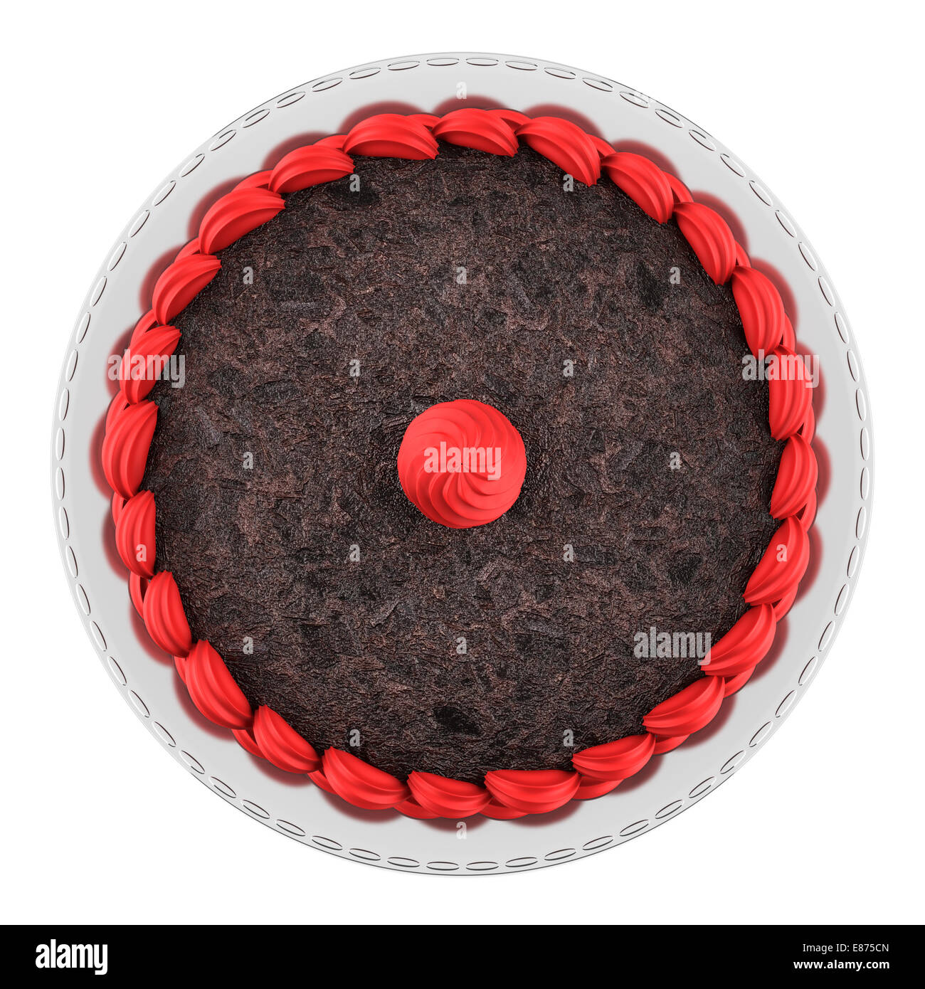 top view of round chocolate cake with pink cream isolated on white ...