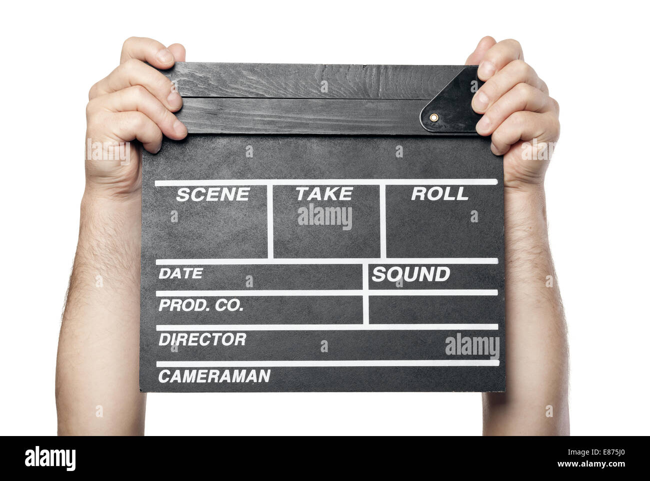two male hands holding movie production clapper board isolated on white ...