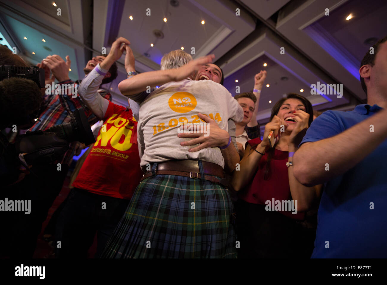 Pro-Union supporters celebrate as the results come in for the Scottish ...