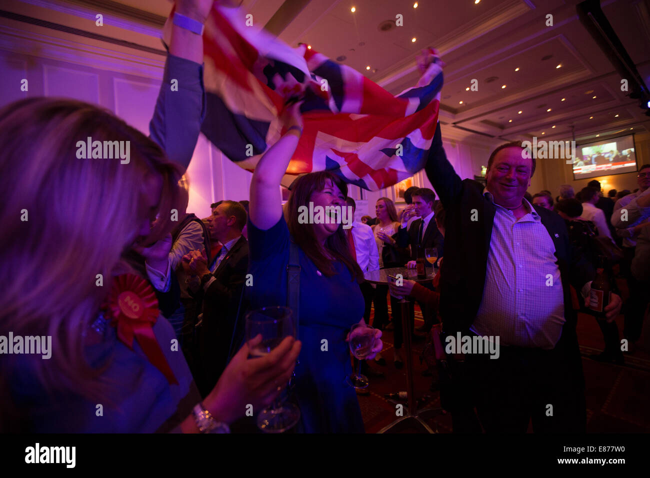 Pro-Union supporters celebrate as the results come in for the Scottish ...