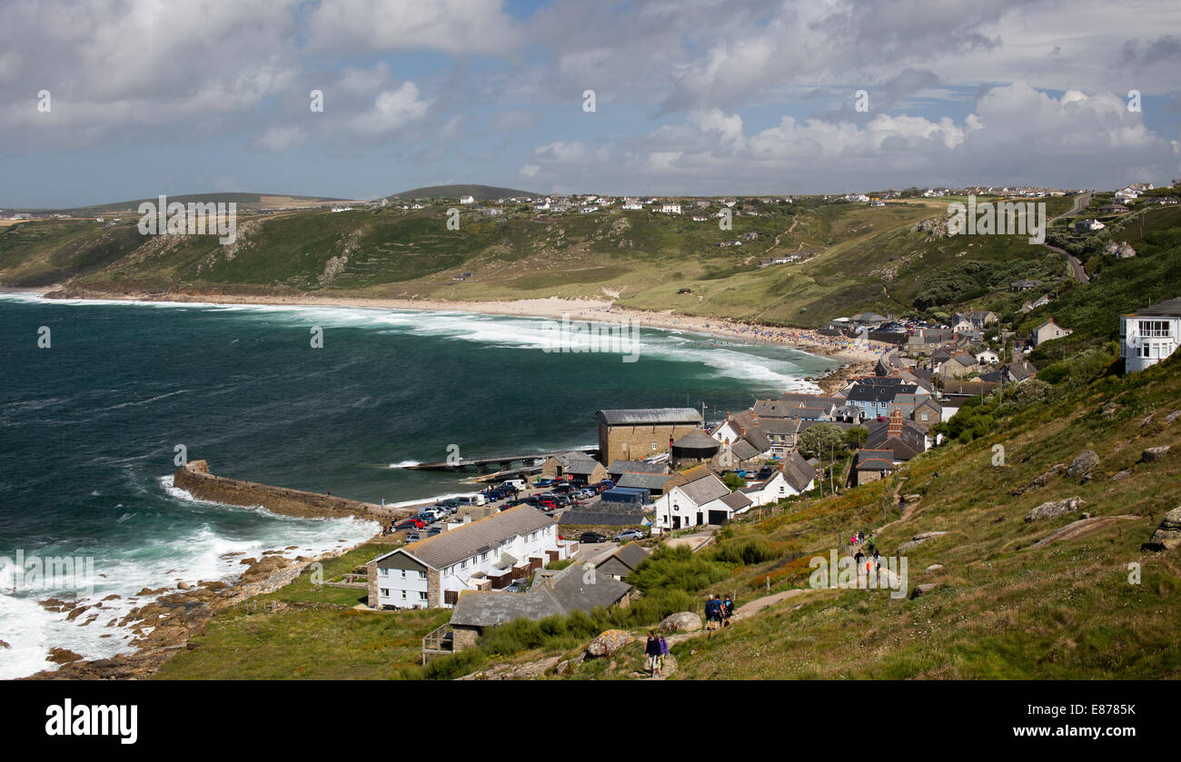 The SW Coast Path drops down into Sennen Cove, Cornwall, England, UK ...