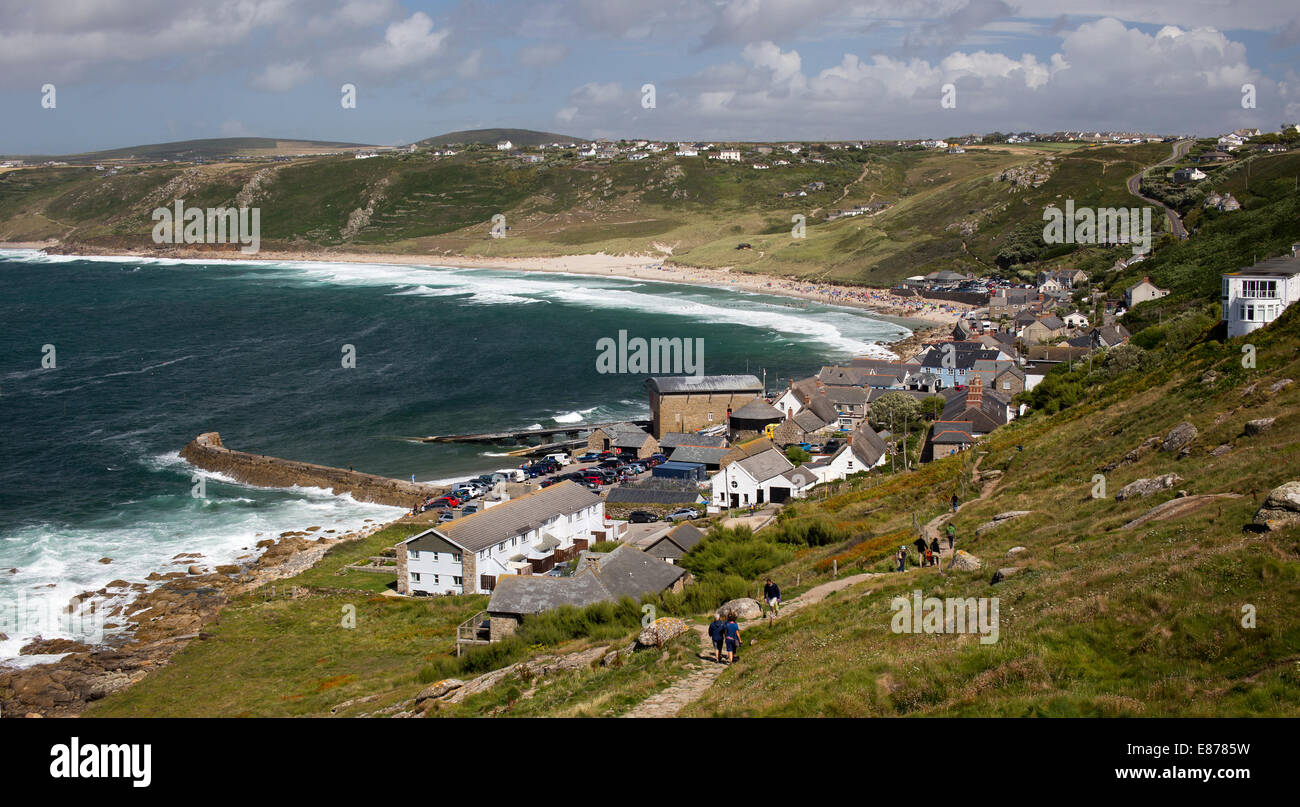 The SW Coast Path drops down into Sennen Cove, Cornwall, England, UK ...