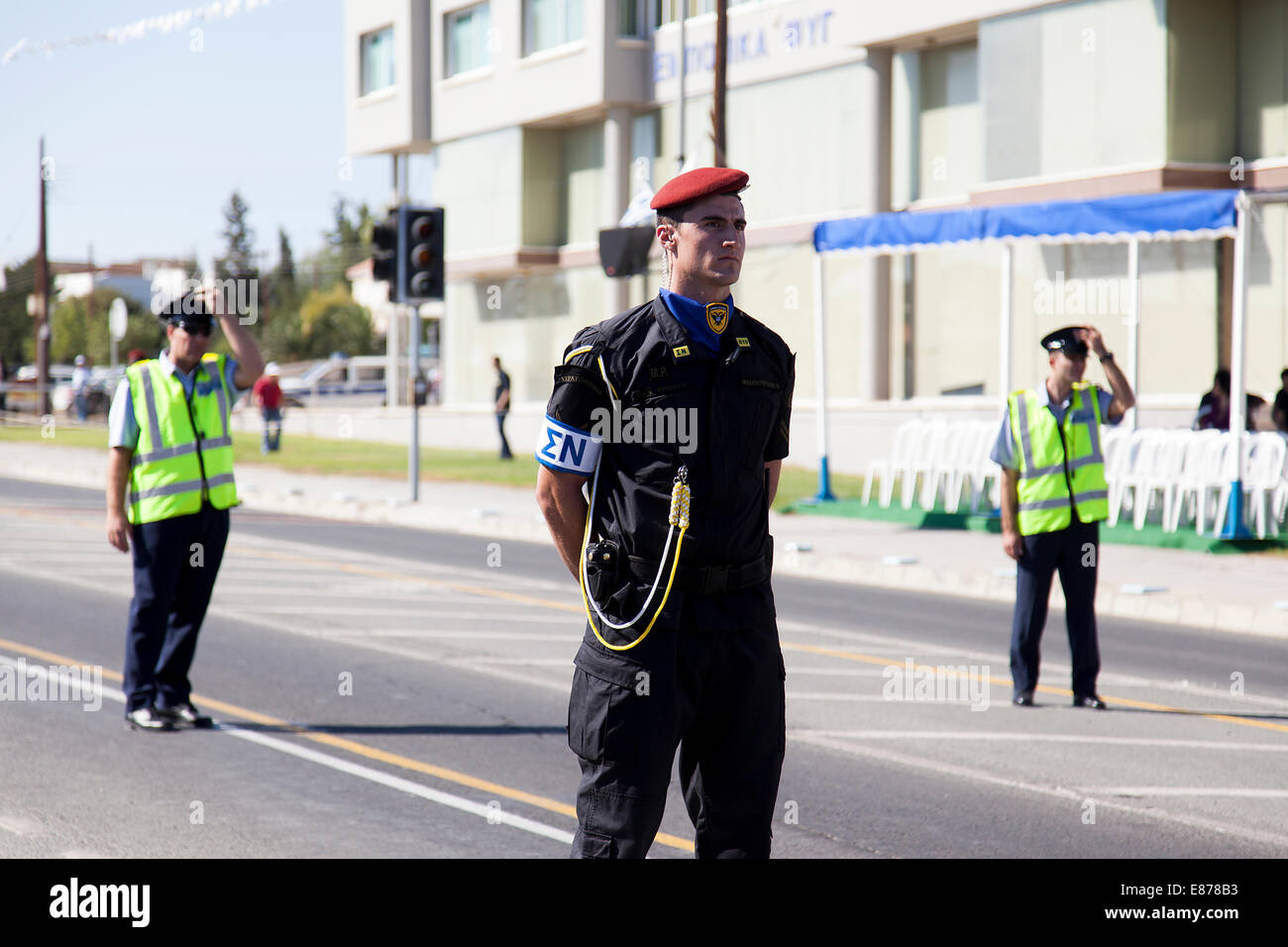 Nicosia, Cyprus. 1st October, 2014. Soldier and police officers ...