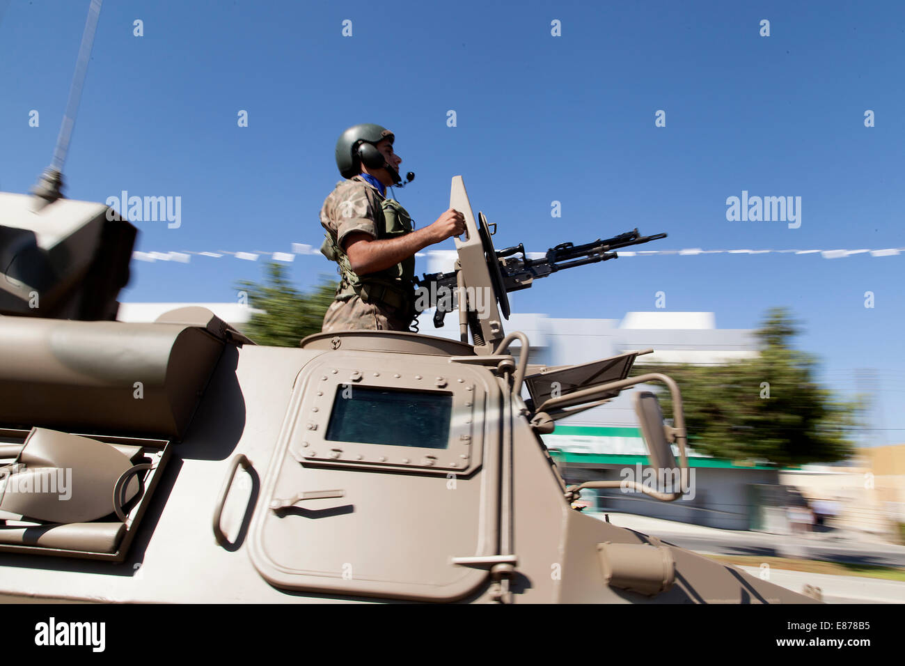 Nicosia, Cyprus. 1st October, 2014. Soldier outside of a parading tank ...