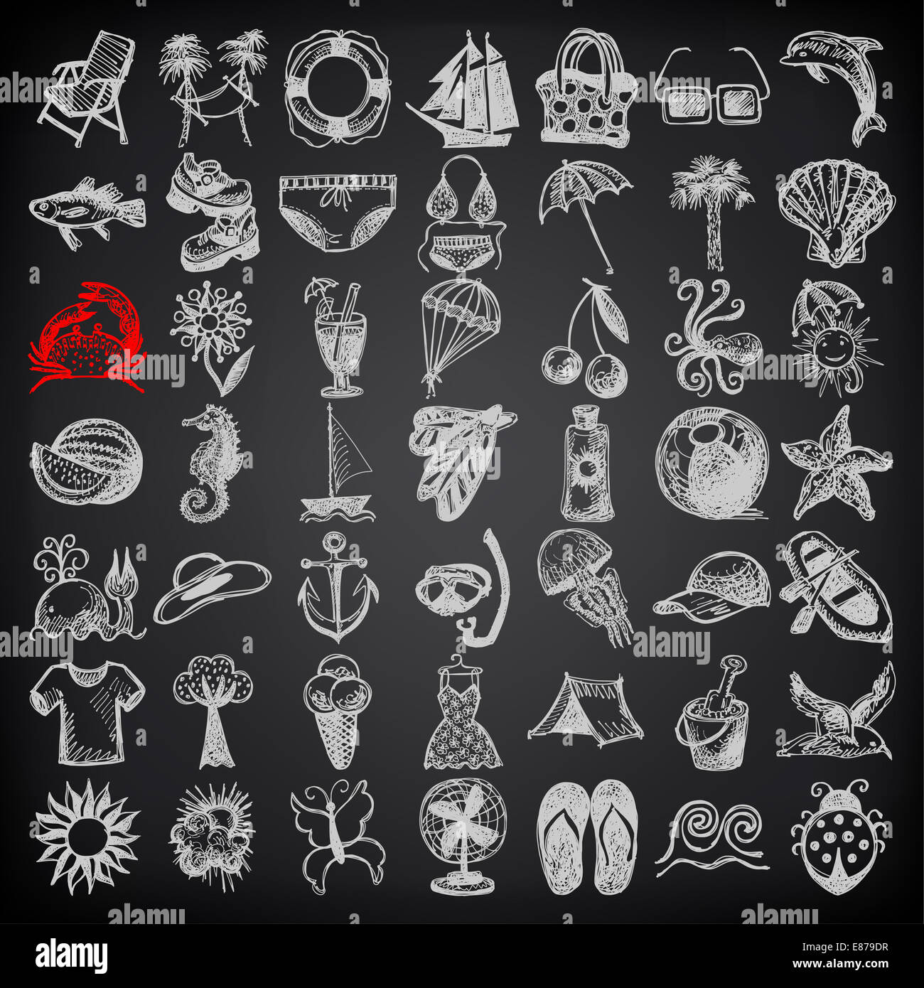 49 hand draw sketch summer icons collection on black background Stock ...