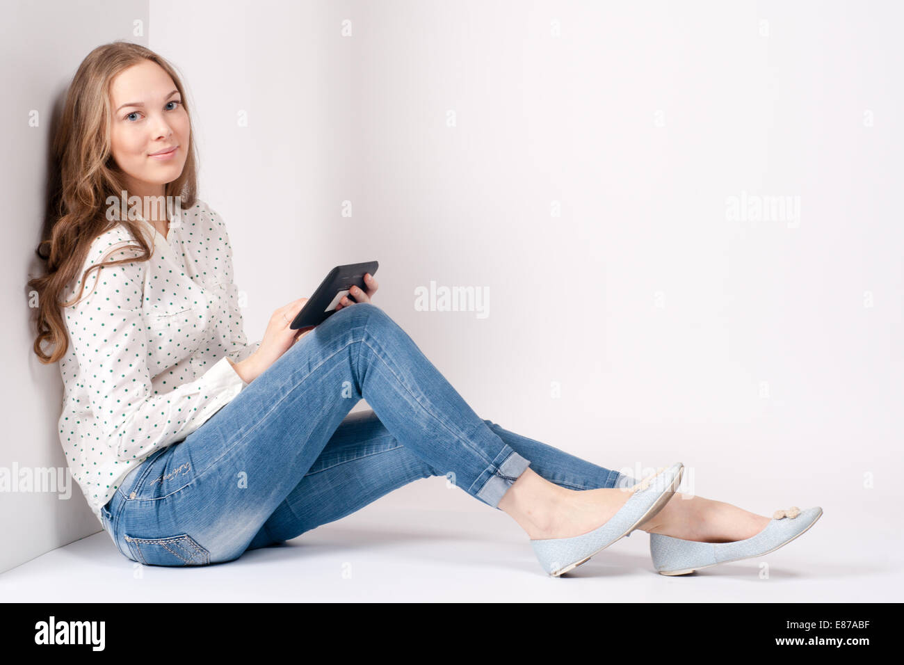 Tablet computer. Woman using digital tablet computer PC happy isolated ...
