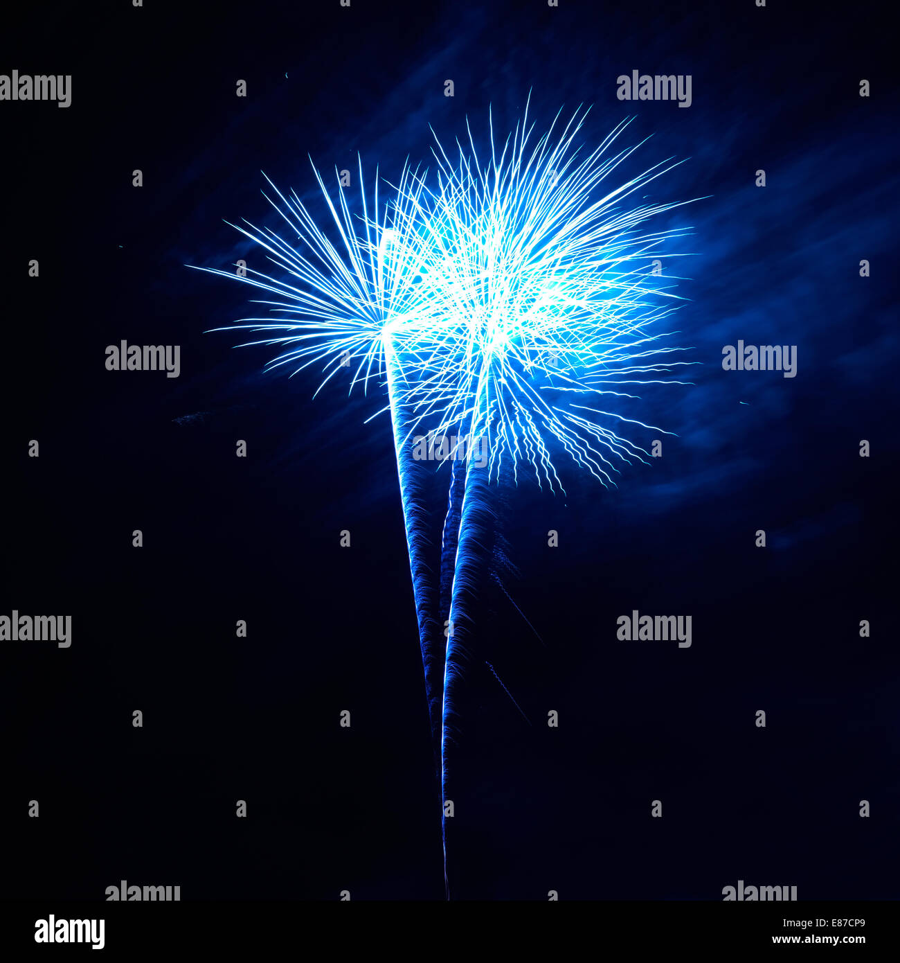 Blue colorful fireworks on the black sky background Stock Photo - Alamy