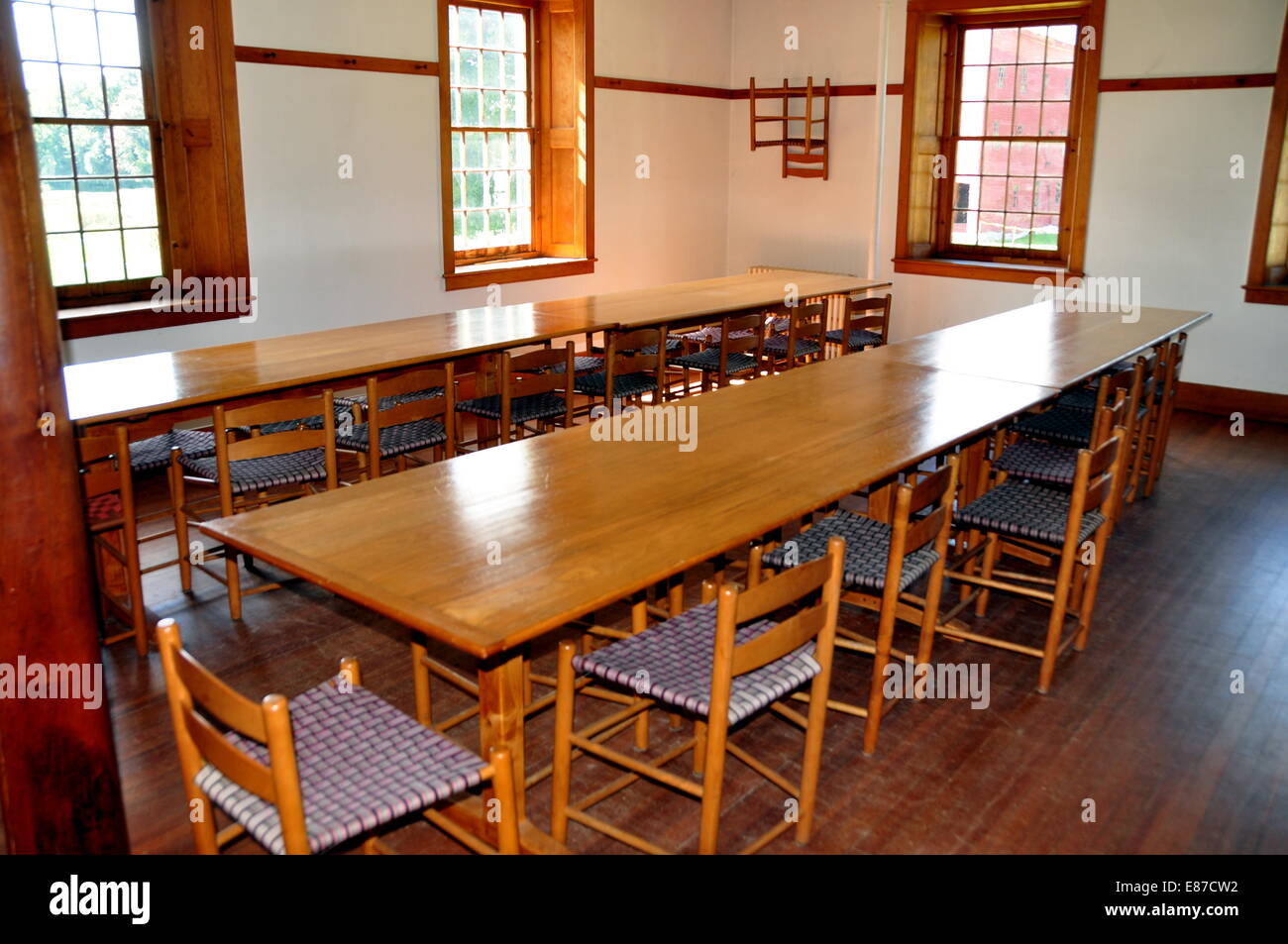 Hancock, Massachusetts: Wooden communal dining tables and chairs in ...