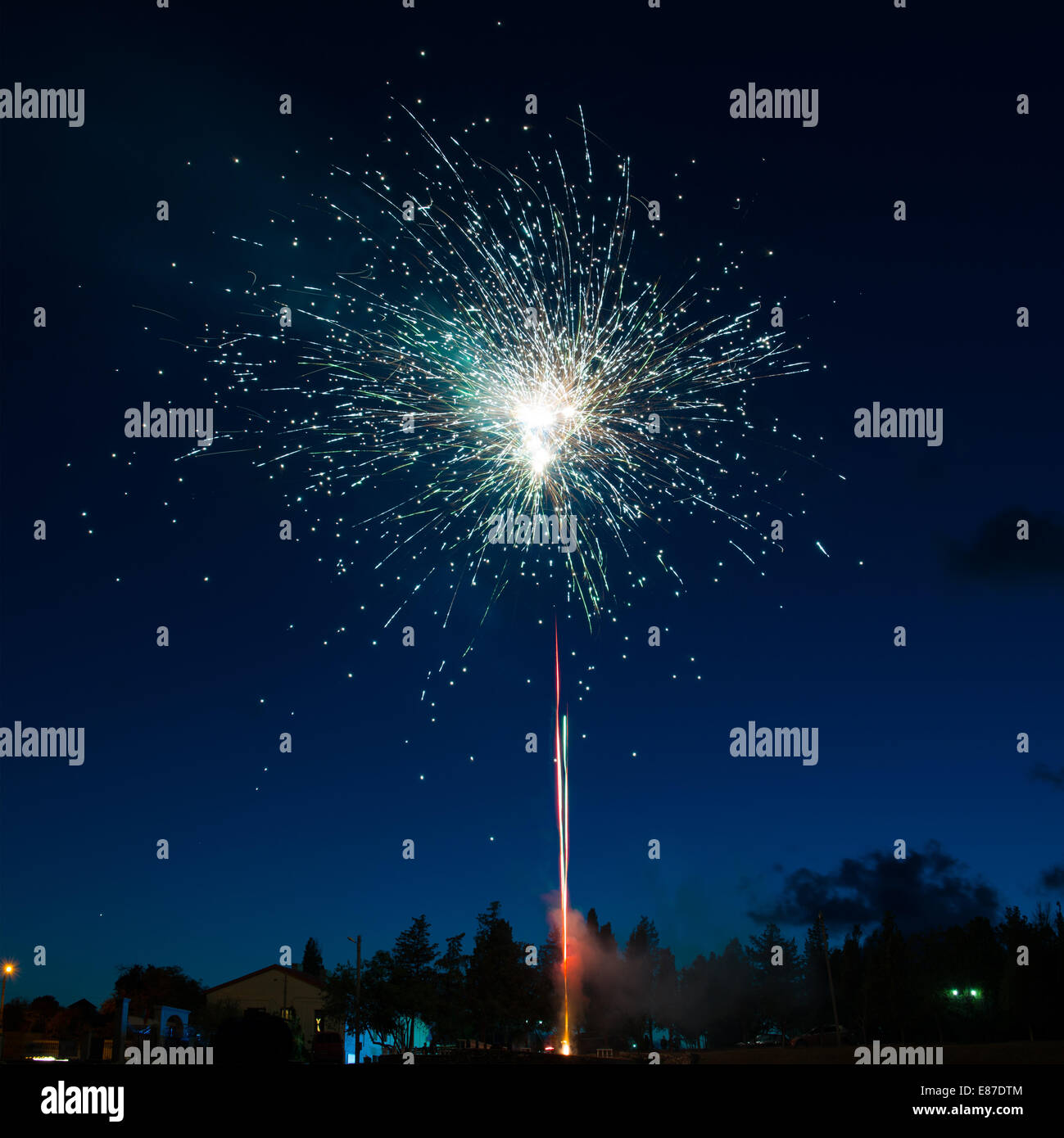 Blue colorful fireworks on night sky background Stock Photo - Alamy