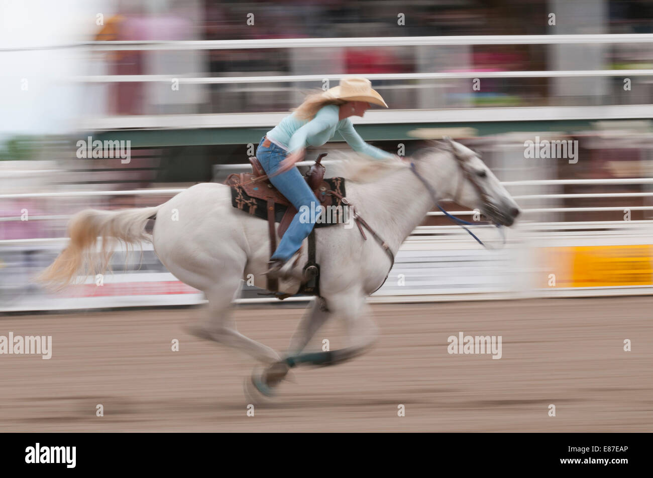Motion blur of a cowgirl riding fast during barrel racing, Sundre Pro ...