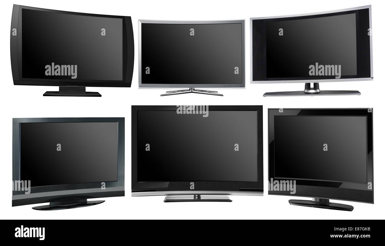 Six different desktop computer monitors, isolated against white ...