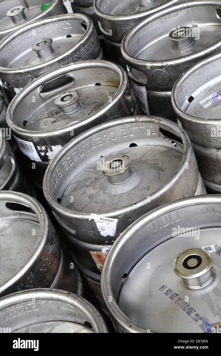 Stainless steel beer kegs lined up outside a pub in Fremantle, Western ...