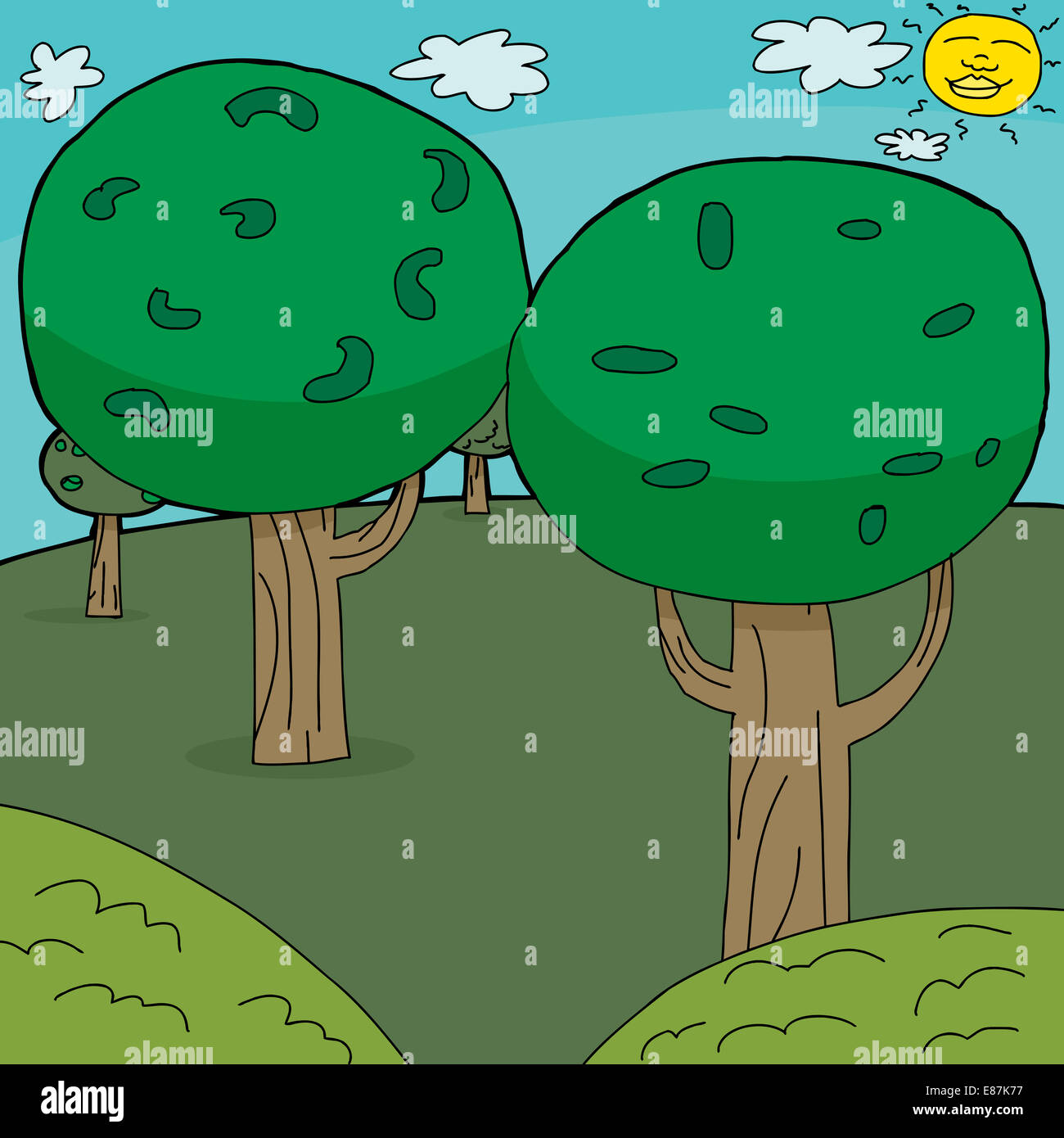 Cartoon green trees in forest with smiling sun Stock Photo - Alamy